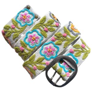 Kuyay Peruvian Designs Blossom Delight Embroidered Wool Belt, Flower Design, (Medium 41")