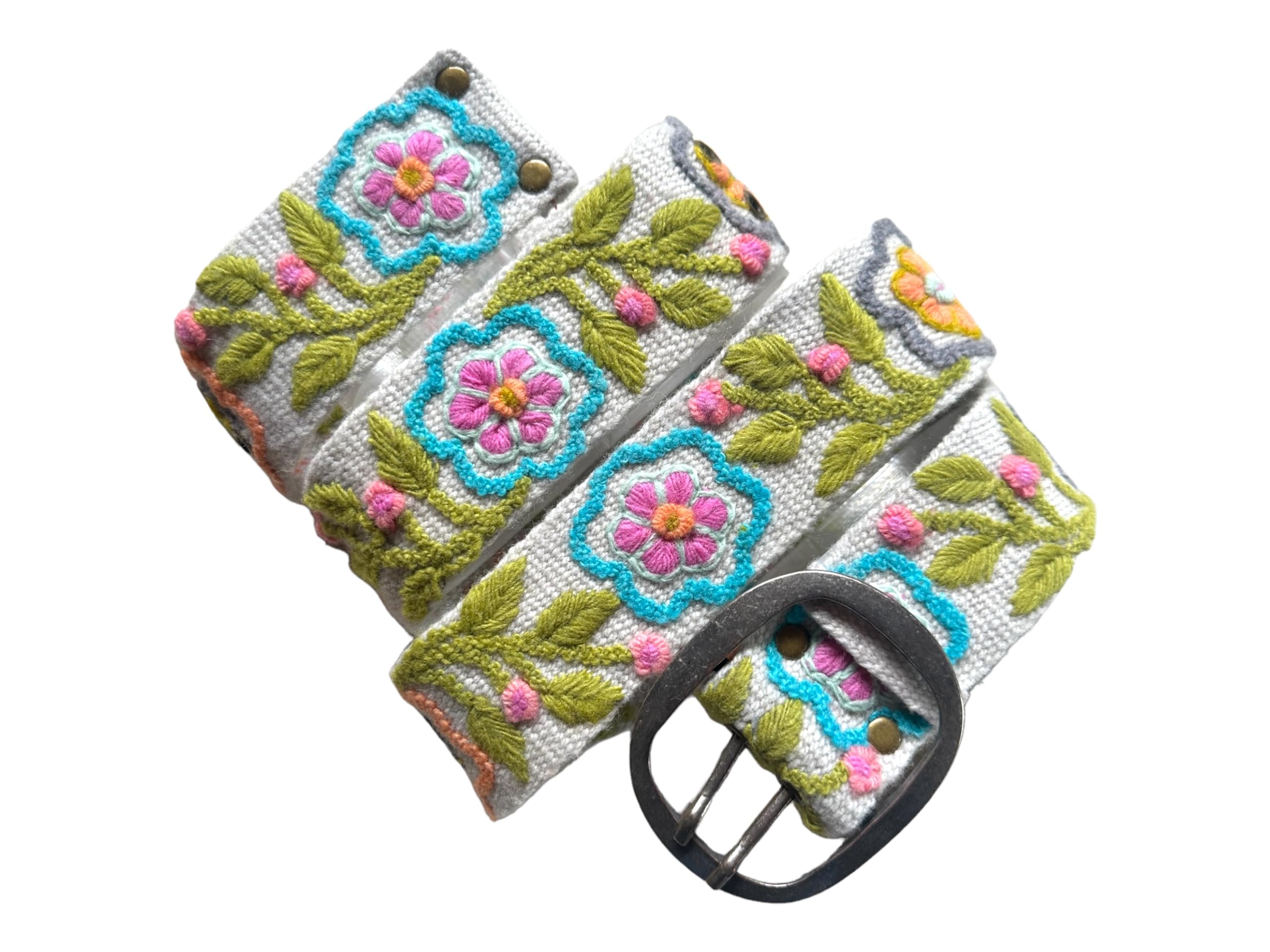 Kuyay Peruvian Designs Blossom Delight Embroidered Wool Belt, Flower Design, (Medium 41")