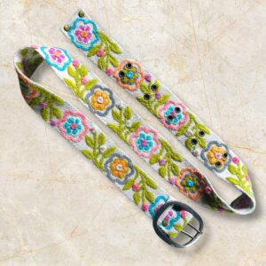 Kuyay Peruvian Designs Blossom Delight Embroidered Wool Belt, Flower Design, (Medium 41")