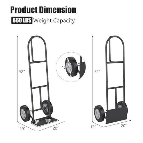 Saranya 18 Shop New Black Cart Hand Truck 660 Lbs Capacity Trolley Heavy Duty Steel with Nose Plate 2 Wheels Industrial Moving Transport Platform Workshops Supermarket 20" L x 19" W x 52" H