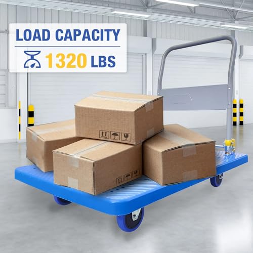 Saranya 18 Shop New Blue Flatbed Cart Hand Truck 1320 Lbs Capacity Trolley Heavy Duty Steel Push 360° Swivel Wheels Industrial Moving Transport Platform Workshops Supermarket 41" L x 34" W x 24" H