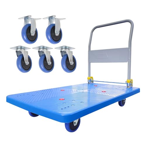 Saranya 18 Shop New Blue Flatbed Cart Hand Truck 1320 Lbs Capacity Trolley Heavy Duty Steel Push 360° Swivel Wheels Industrial Moving Transport Platform Workshops Supermarket 41" L x 34" W x 24" H