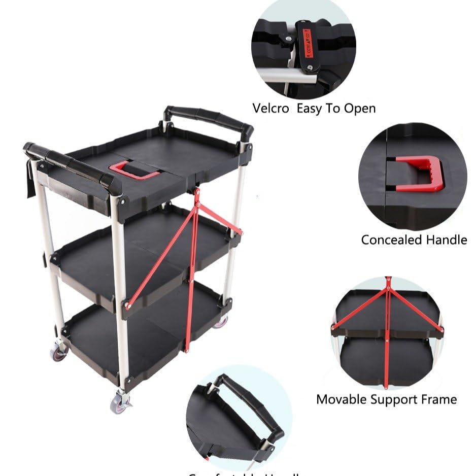 FRITHJILL Foldable Utility Cart with 3 Shelves, Heavy-Duty Rolling Cart with Locking Wheels, Compact and Portable Storage Cart for Office, Home, and Workshop, No Assembly Required