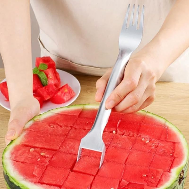 Generic 1 Pcs 2-in-1 Stainless Steel Fruit Cutter, Watermelon Slicer Cutter, Watermelon Fork Slicer Cutter Slicer Tool, Dual Head Fruit Forks Slicer Knife for Home Kitchen Gadget, 0.01, Silver