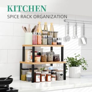 Simple Trending Cabinet Organizer Shelf,Expandable,Stackable Set of 2 Kitchen Counter Organizer Shelves for Spice Rack Desk Organizer, Metal and Wood, Natural and Black