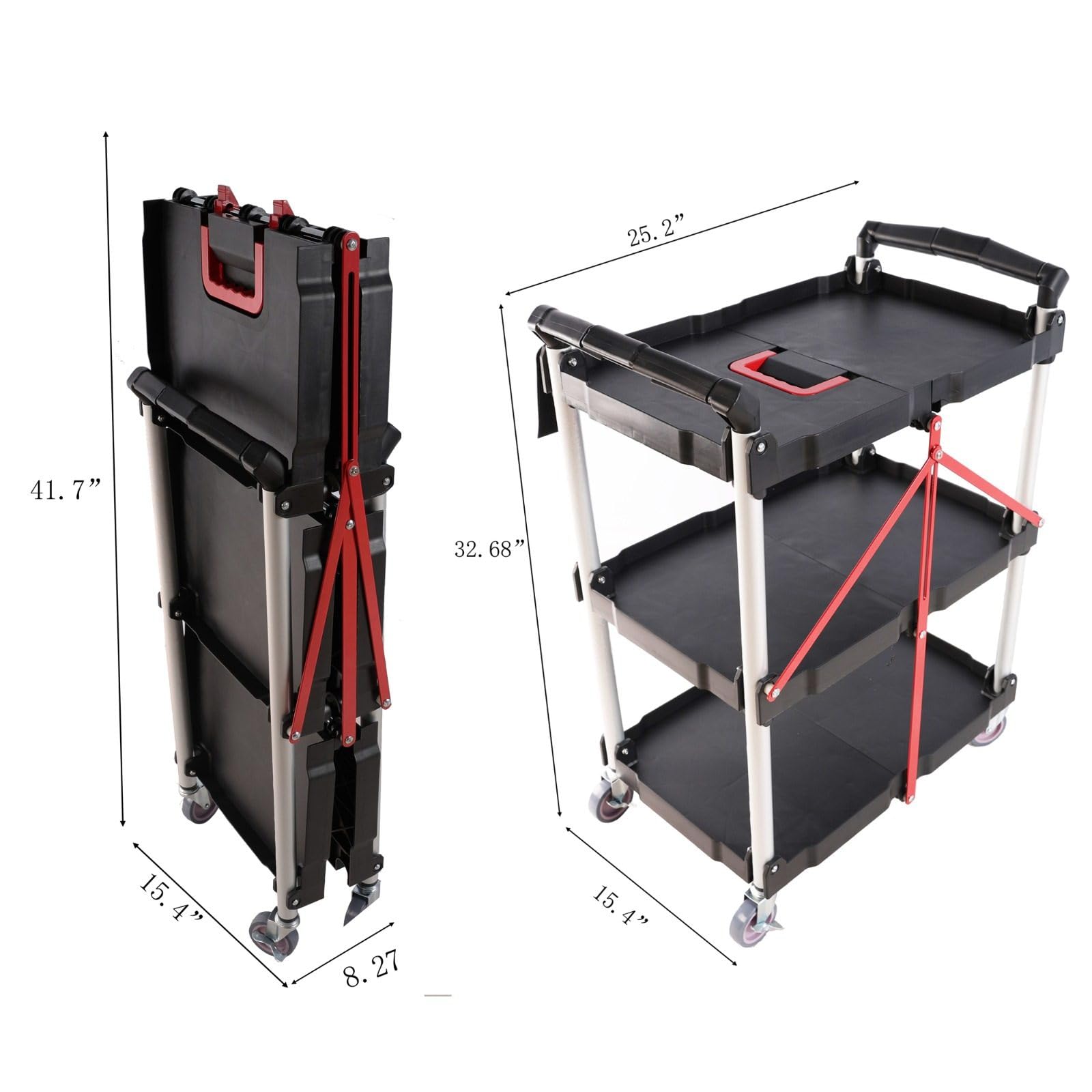 FRITHJILL Foldable Utility Cart with 3 Shelves, Heavy-Duty Rolling Cart with Locking Wheels, Compact and Portable Storage Cart for Office, Home, and Workshop, No Assembly Required