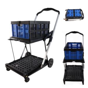 2-tier folding shopping cart with wheels, collapsible utility cart multi use functional, 2 in 1 hand truck for grocery/luggage/moving