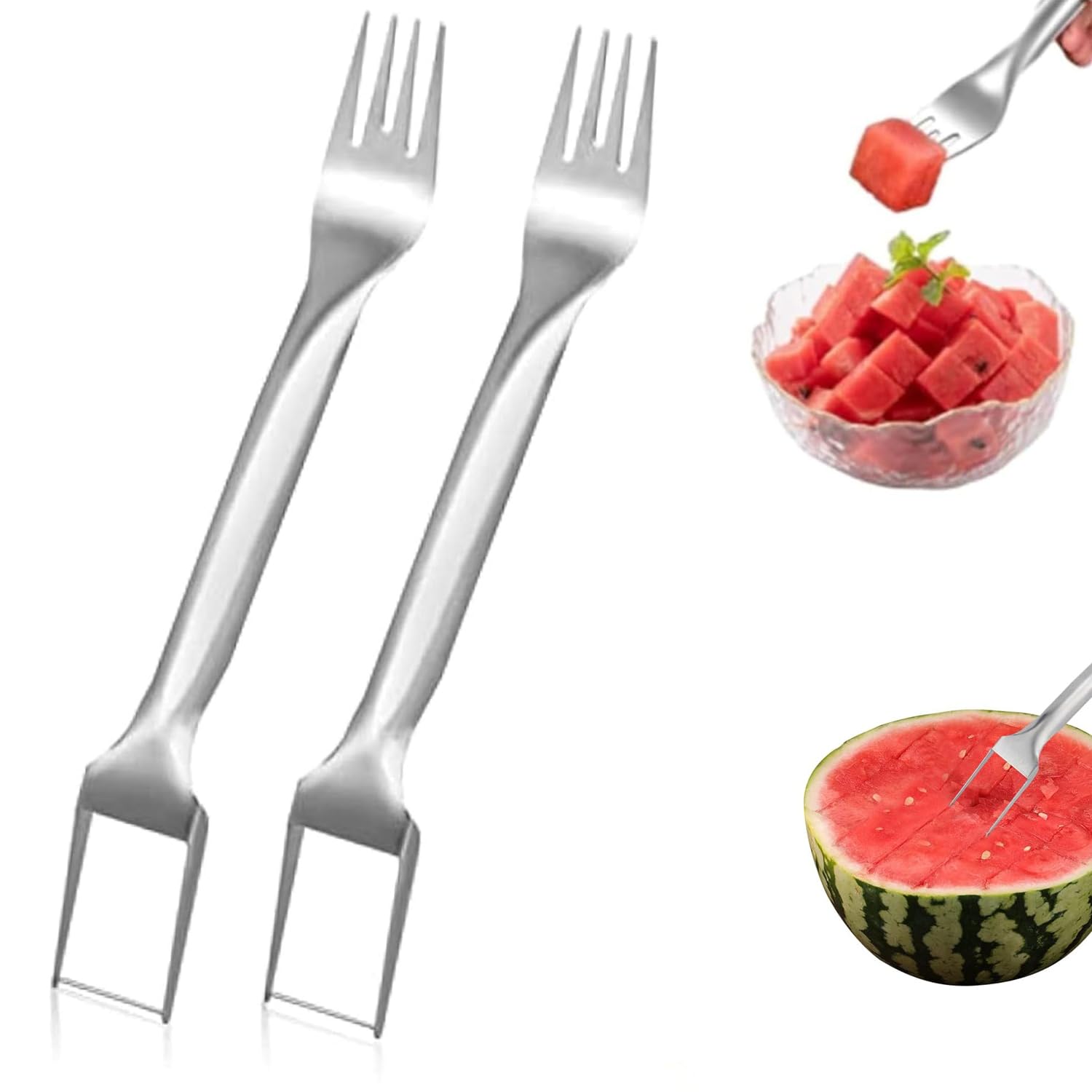 2Pcs Watermelon Fork Slicer Cutter - Stainless Steel 2-in-1 Watermelon Fork Slicer, Portable Watermelon Fork Watermelon Cutter Slicer Tool Fruit Forks Slicer for Home Party Camping Kitchen Gadget