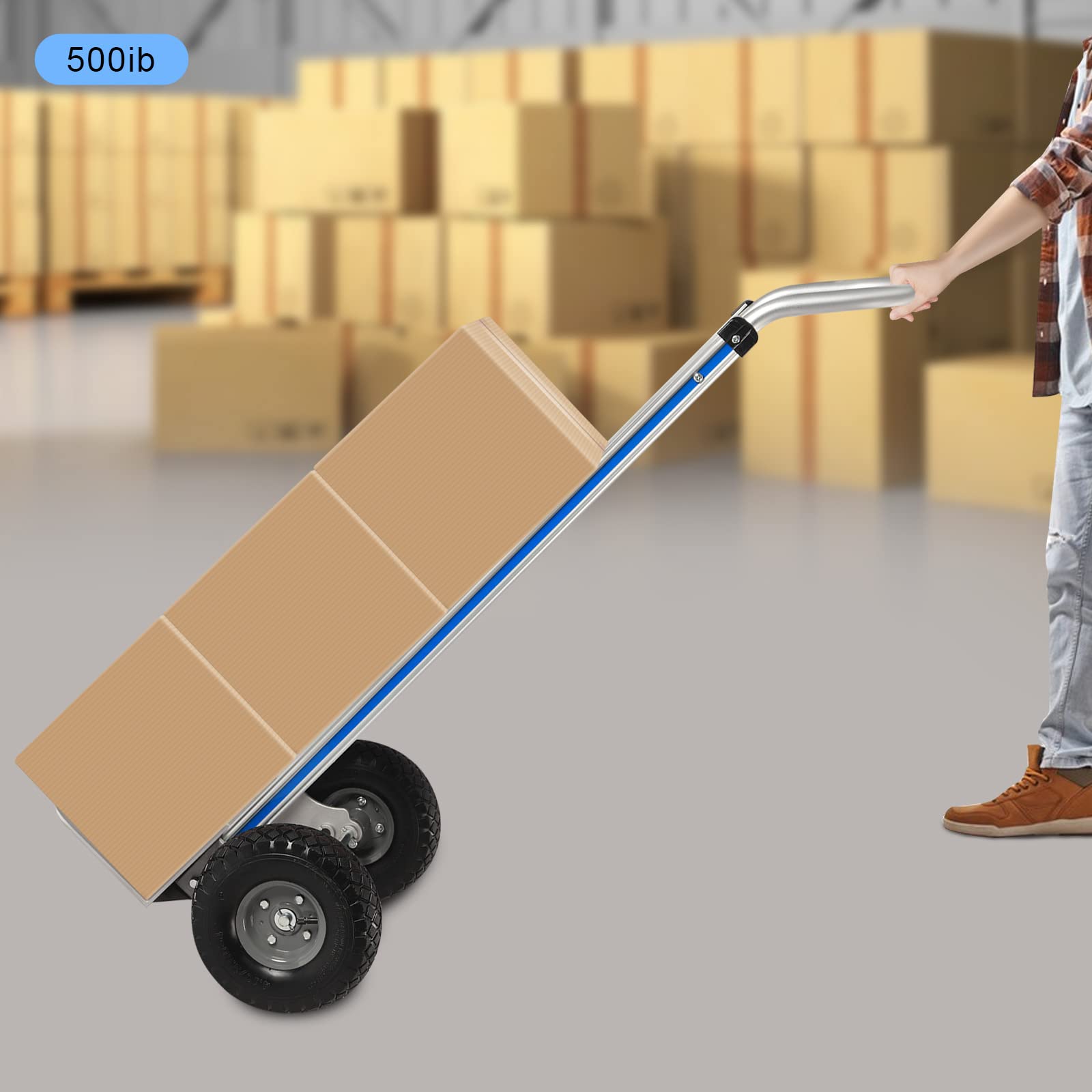 Heavy Duty Hand Truck 500Lbs High Load Capacity 20.27" W * 59.84" H Aluminum Dolly Cart for Moving, 10" Rubber Wheels 17.71 * 7.08in Base (500lbs)