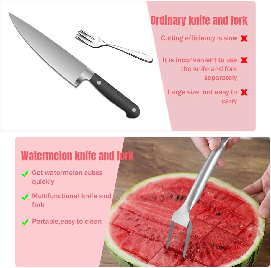 Generic 1 Pcs 2-in-1 Stainless Steel Fruit Cutter, Watermelon Slicer Cutter, Watermelon Fork Slicer Cutter Slicer Tool, Dual Head Fruit Forks Slicer Knife for Home Kitchen Gadget, 0.01, Silver