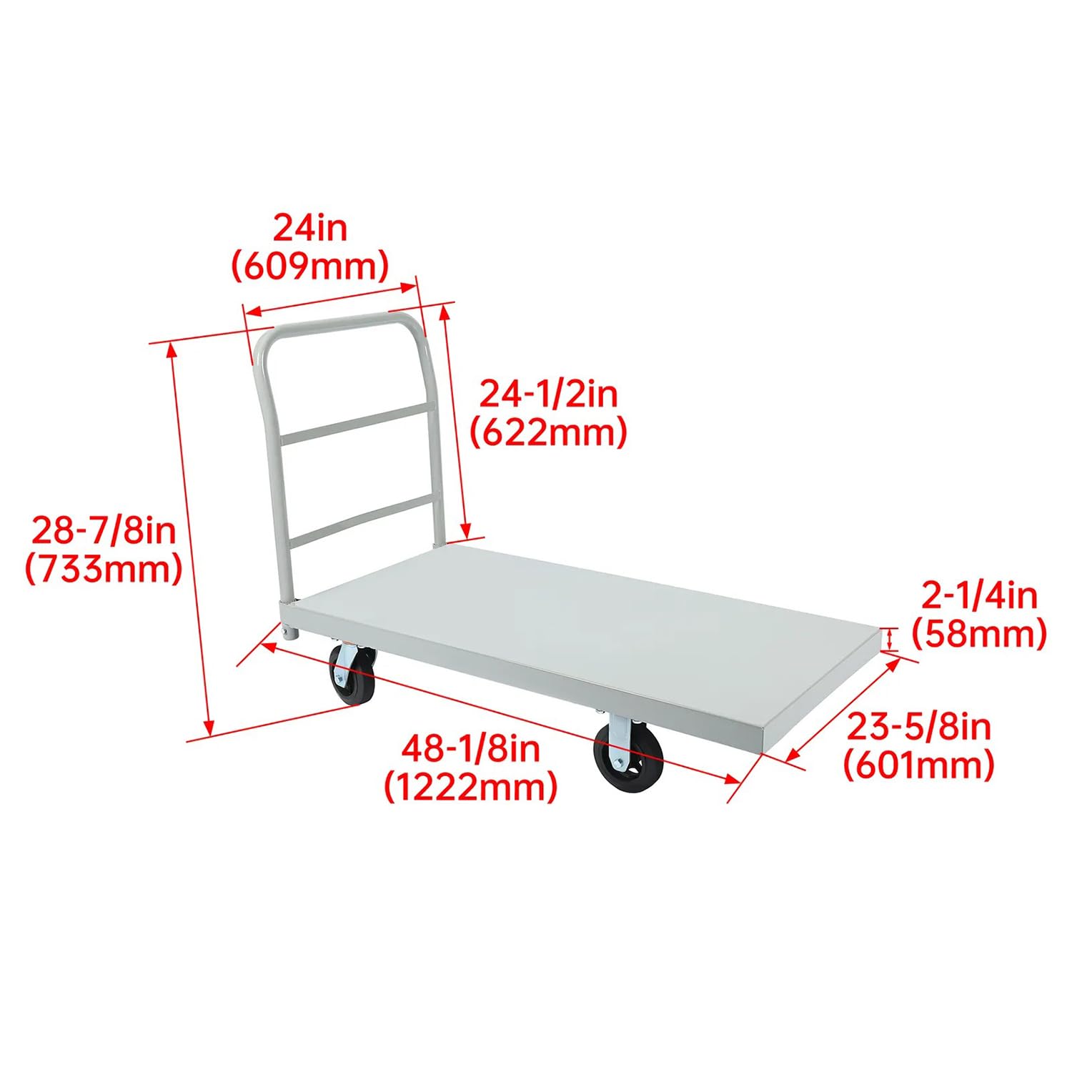 Saranya 18 Shop New Gray Flat Cart Hand Truck 2000 Lbs Capacity Trolley Heavy Duty Steel Push 4 Rubber Wheels Flatbed Industrial Moving Transport Platform 48.11" L x 23.66" W x 28.85" H