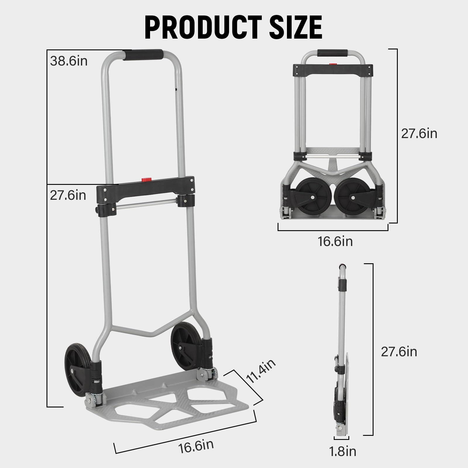 Folding Hand Truck, 165 lbs Capacity Portable Foldable Dolly Cart Heavy Duty Utility Cart Hand Cart with Bungee Cord, Telescoping Handle, for Daily handling Work