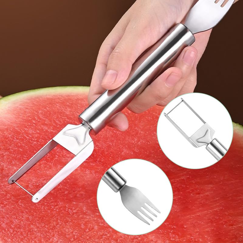 2-in-1 Stainless Steel Fruit Cutter, 2024 New Upgrade Watermelon Fork Cutter Slicer, Watermelon Cube Cutter Tool, Dual Head Fruit Forks Knife Summer Fruit Cutting Fork for Home Kitchen (1PCS)