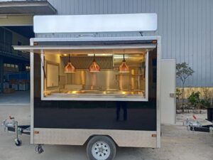 mobile food trailer gl-fs250 compact shawarma, coffee & street food kiosk - 8.2 ft x 6.6 ft, stainless steel work table, dual sink, water system, electric box - ideal for outdoor catering and events