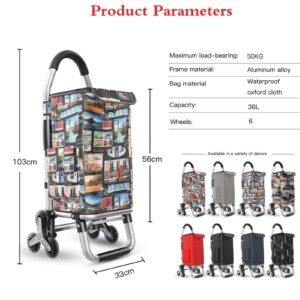 PIPRE Portable Shopping cart Bigger carts with 3 Wheels Foldable,Stamp Motif Shopping Grocery Foldable Cart