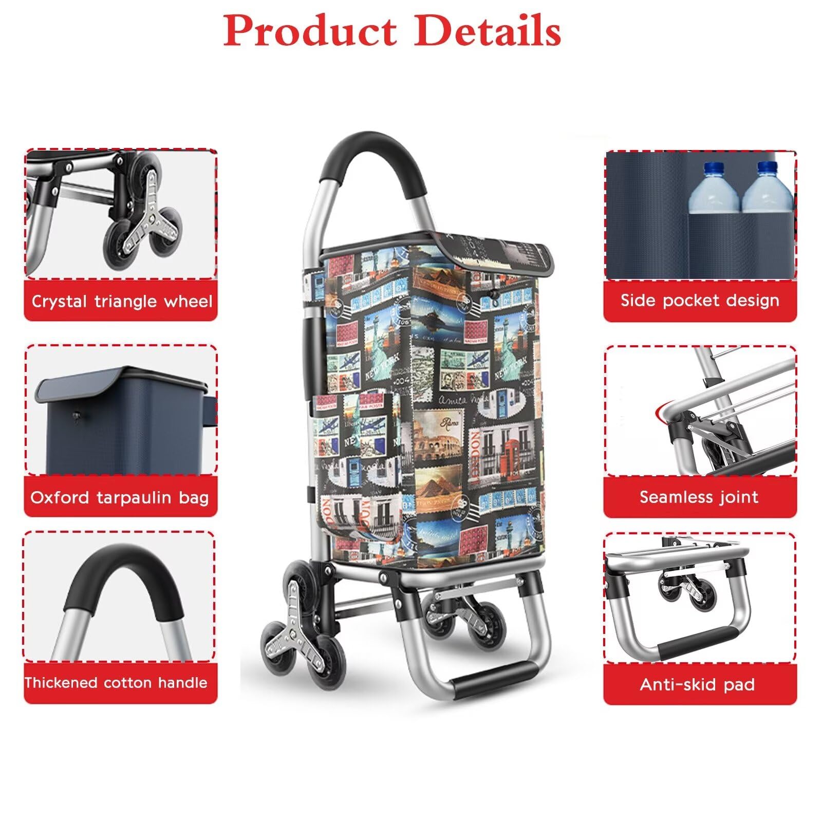 PIPRE Portable Shopping cart Bigger carts with 3 Wheels Foldable,Stamp Motif Shopping Grocery Foldable Cart