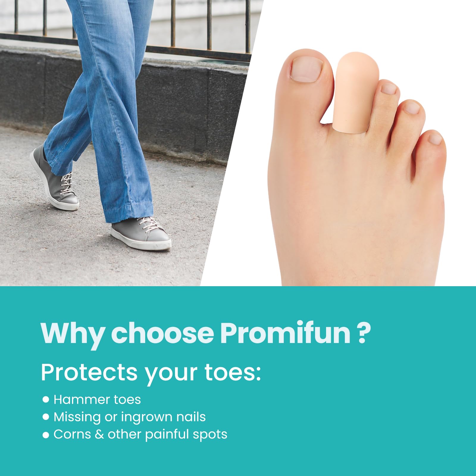 Promifun Silicone Toe Protectors - 4 Paris Gel Toe Sleeves Toe Protectors - Toe Caps with Aloe Vera Essential Oils - Toe Cushions for Pain Relief, Toe Protection for Corns, Calluses (4M)