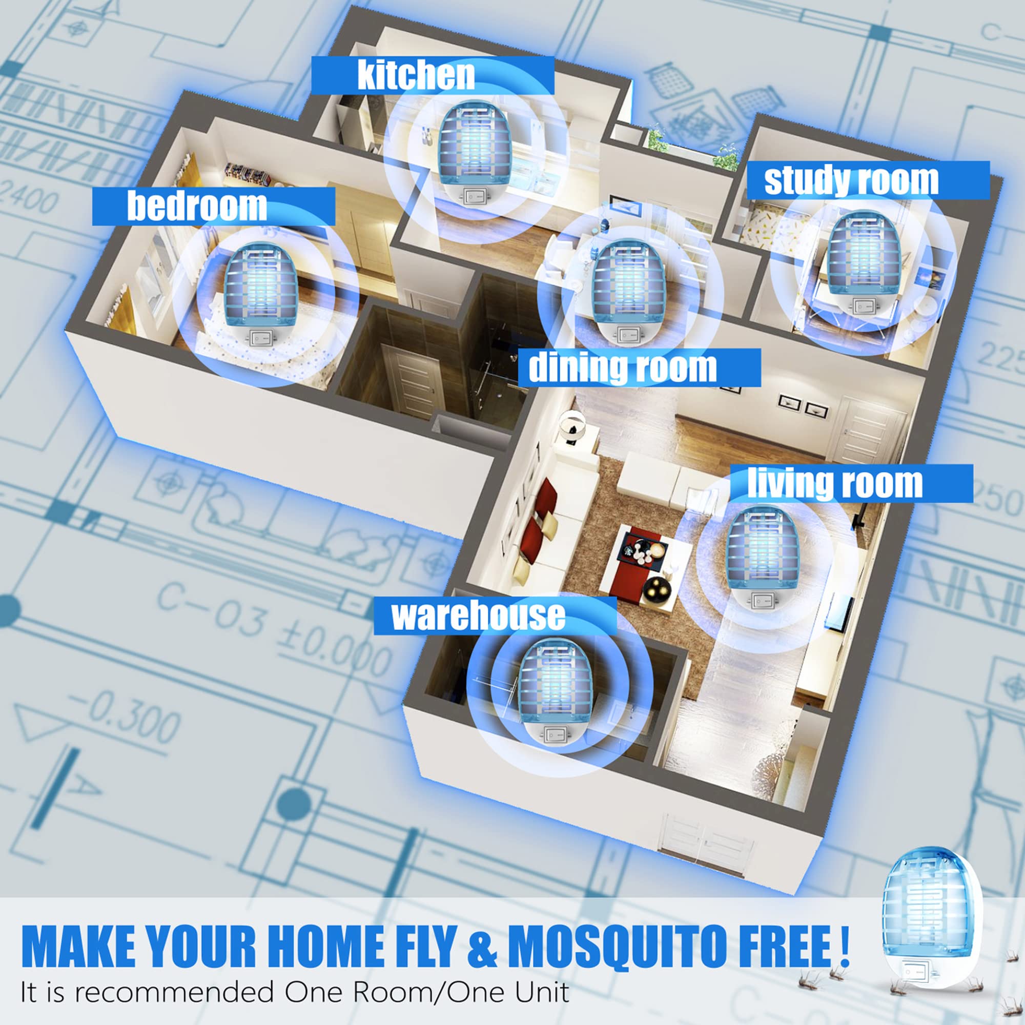 DNFAF Fly Trap for Indoors, Bug Zapper Indoor, Electronic Mosquitoes Killer Mosquito Zapper with Blue Lights for Living Room, Home, Kitchen, Bedroom, Baby Room, Office(2 Packs)