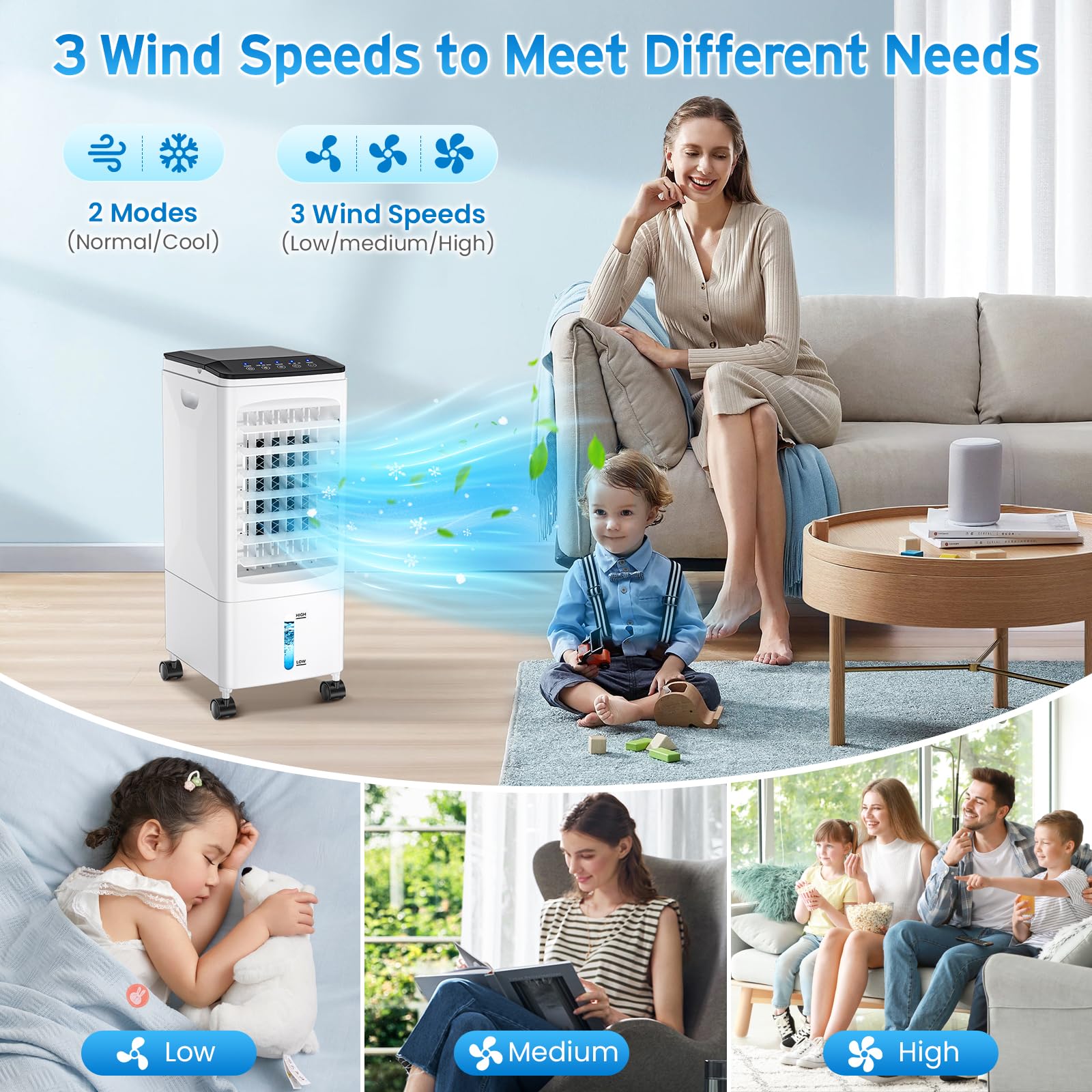 Portable Air Conditioners, 3-IN-1 Windowless Air Conditioner, Evaporative Air Cooler Kitchen Volume AC, Fast Cooling Large Air Conditioner for Room, Remote/3 Speeds/7H Timer/3 Ice Packs