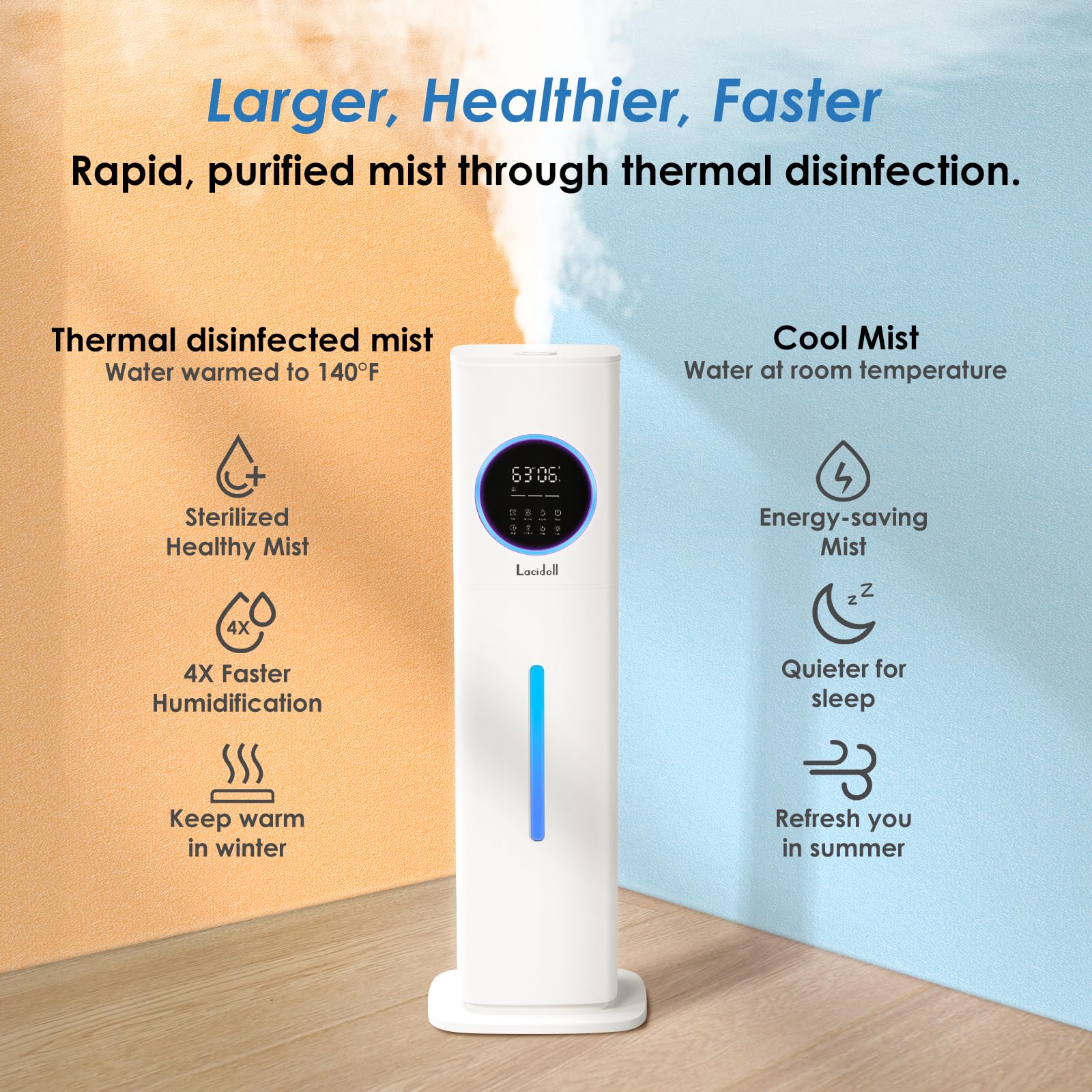 Warm and Cool Mist Humidifiers for Bedroom Home, 2.1gal Quiet Humidifier for Large Room up to 500 ft with Customized Humidity, Night Light, Easy Top Fill, 12H Timer, Essential Oil, Child Lock