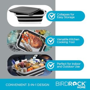 BIRDROCK HOME Collapsible Large BBQ Prep Tub w/Cutting Board, Multi-Function Grill Caddy w/Colander & Lid, Portable Silicone Dish Bowl for Picnic, Tailgate, Camping - Black