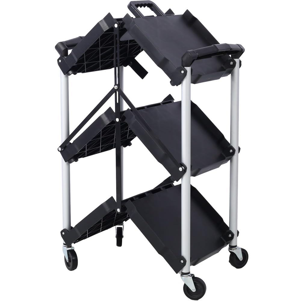 Yone jx je 3 Layers Folding Collapsible Service Cart Pack, Folding Collapsible Service Cart, 50 Lb, Load Capacity Per Shelf, Black