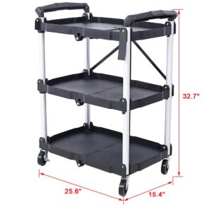 Yone jx je 3 Layers Folding Collapsible Service Cart Pack, Folding Collapsible Service Cart, 50 Lb, Load Capacity Per Shelf, Black