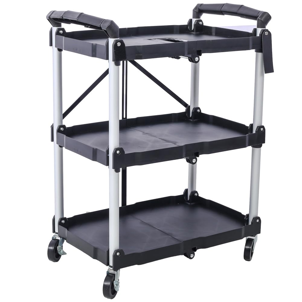 Yone jx je 3 Layers Folding Collapsible Service Cart Pack, Folding Collapsible Service Cart, 50 Lb, Load Capacity Per Shelf, Black