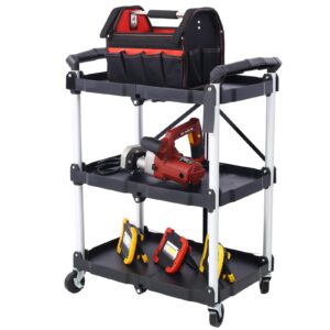 yone jx je 3 layers folding collapsible service cart pack, folding collapsible service cart, 50 lb, load capacity per shelf, black