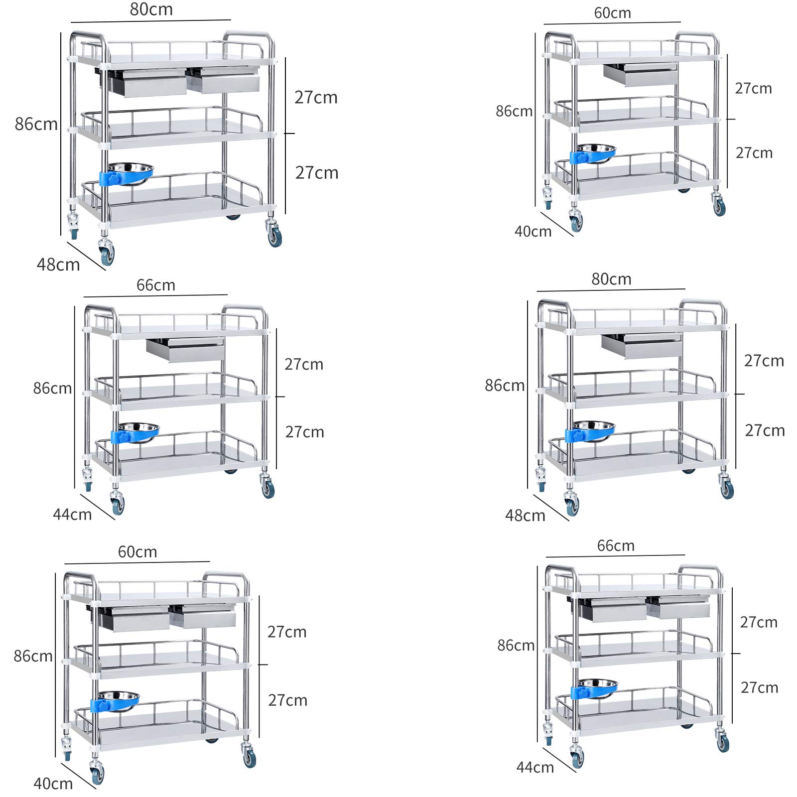 Stainless Steel 3-Tier Medical Trolley Laboratory cart Thick and Comfortable Handle Used in Beauty Salons Hospitals with a Load of 100kg (Full)