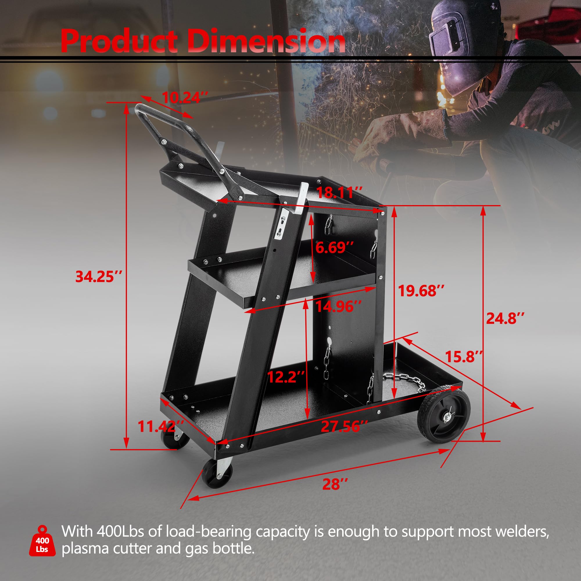 QUAWIP Welding Cart, 3-Tier Welder Cart Heavy Duty with 400Lbs Static Weight Capacity, 360° Swivel Wheels, Tank Storage Safety Chains, Rolling MIG Welder Cart for TIG, ARC, MMA Welding Machine