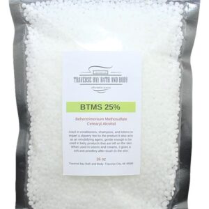 Traverse Bay Bath And Body BTMS Behentrimonium Methosulfate Cetearyl Alcohol 25% - 16 oz. Conditioning Emulsifier Resealable stand-up moisture barrier pouch.