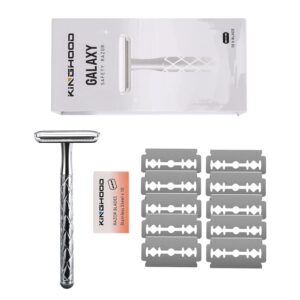 Kinghood Single Blade Safety Razor - Metal One Blade Razor for Men & Women with 10 Stainless Steel Double Edge Blades (Silver)