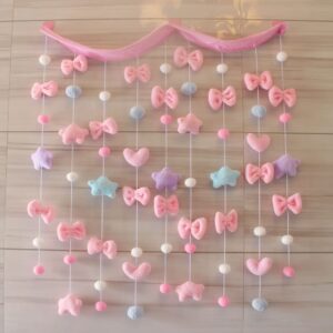 kawaii doorway curtains girls bedroom wall hanging decor cute fluffy star bowknot pentacle garland door strings nursery curtain for baby room (adhesive hook&loop, pink star)