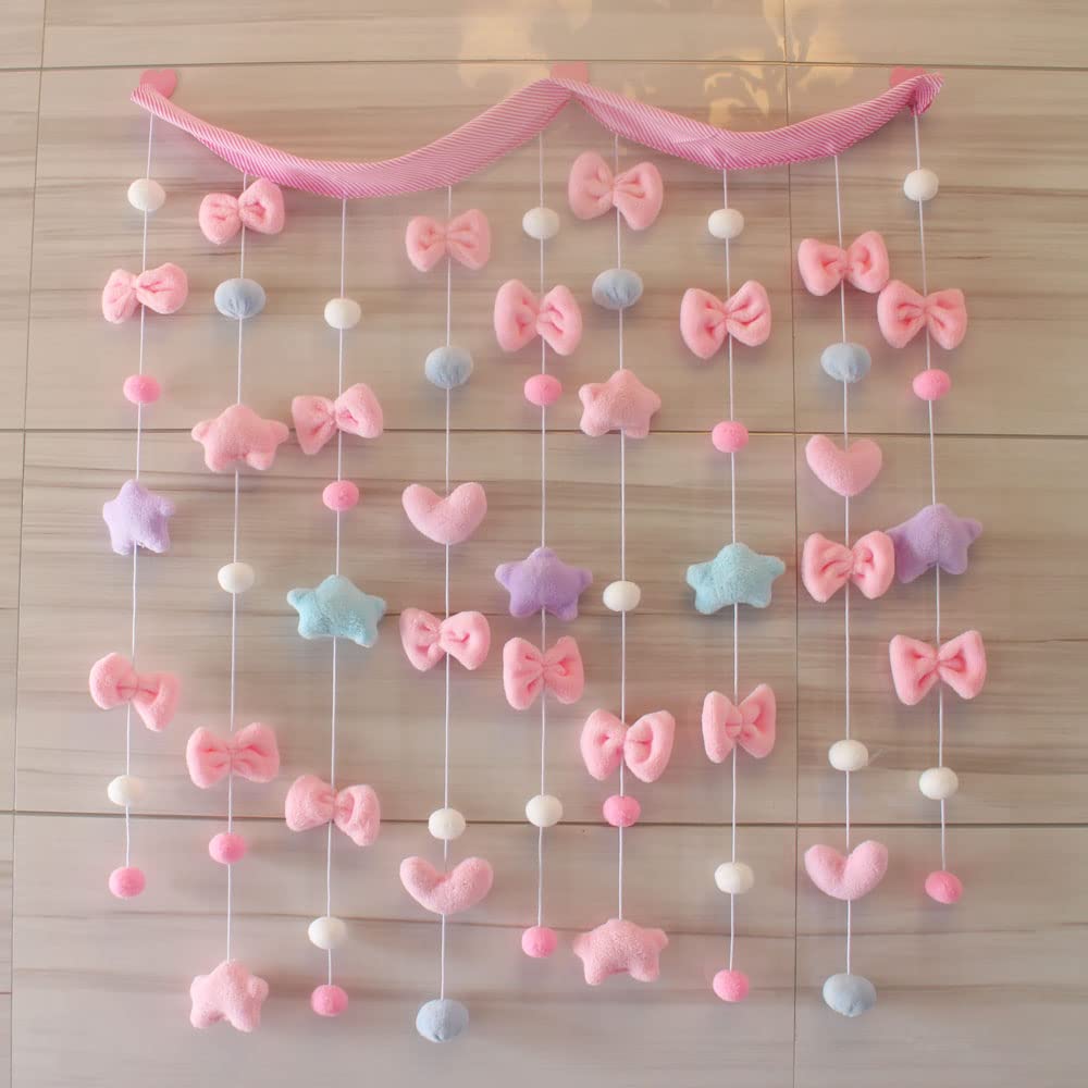 Kawaii Doorway Curtains Girls Bedroom Wall Hanging Decor Cute Fluffy Star Bowknot Pentacle Garland Door Strings Nursery Curtain for Baby Room (Adhesive Hook&Loop, Pink Star)