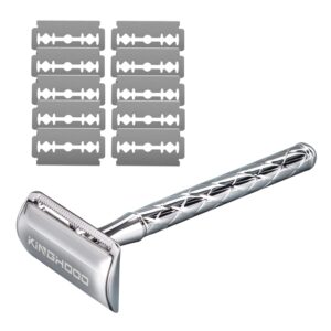 kinghood single blade safety razor - metal one blade razor for men & women with 10 stainless steel double edge blades (silver)