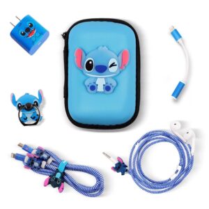 diy protector stitch set,data cable 20w usb charger data line earphone cartoon decoration wire saver protector compatible for iphone 11 12 13 plus max series (stitch)