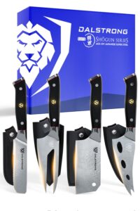 dalstrong charcuterie & cheese knife set - 4-piece - shogun series - mini cleaver, serrated knife, round-tip, forked cheese knife - aus-10v japanese steel - g10 garolite handle kitchen - w/sheath