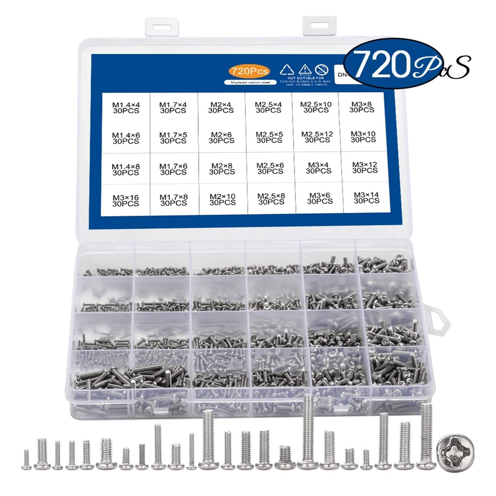 Youngran 720pcs/set Cross Recessed Round Pan Head Laptop Screws Set M1.4 M1.7 M2 M2.5 M3 Carbon Steel Machine Screw Assortment Kit Leisurely