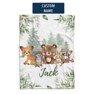 Hykuc Personalized Name Baby Blanket Woodland, Animal Baby Boy Blanket, Woodland Baby Blanket, Woodland Blanket for Boys, Baby Woodland Blanket, Woodland Blanket for Newborn Infant Toddlers Kids Son