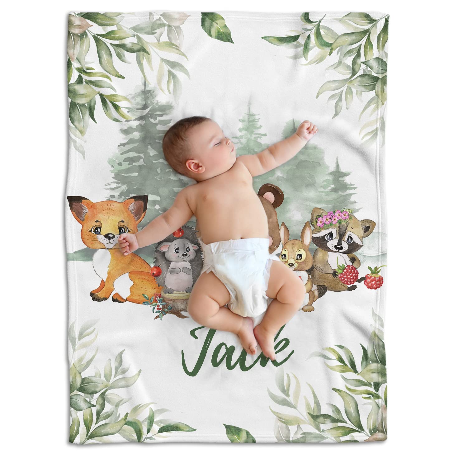 Hykuc Personalized Name Baby Blanket Woodland, Animal Baby Boy Blanket, Woodland Baby Blanket, Woodland Blanket for Boys, Baby Woodland Blanket, Woodland Blanket for Newborn Infant Toddlers Kids Son