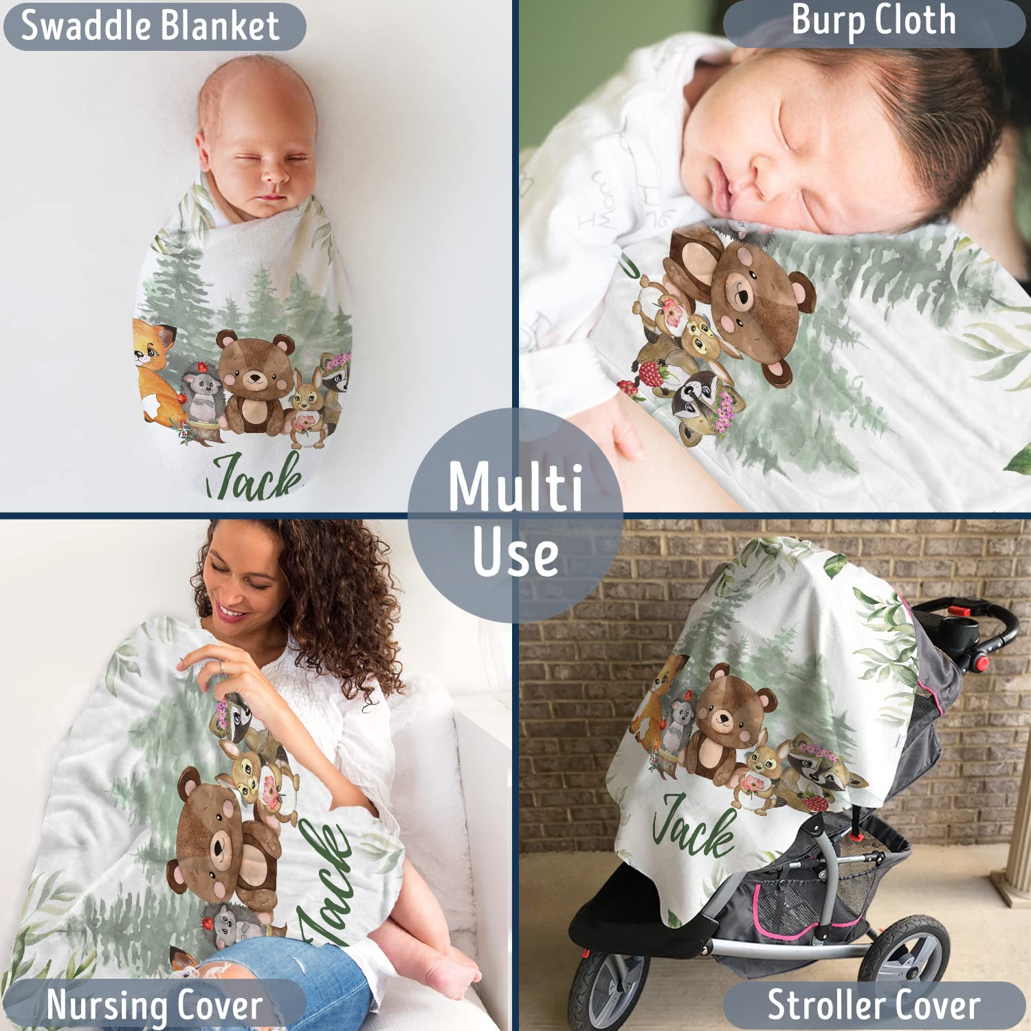 Hykuc Personalized Name Baby Blanket Woodland, Animal Baby Boy Blanket, Woodland Baby Blanket, Woodland Blanket for Boys, Baby Woodland Blanket, Woodland Blanket for Newborn Infant Toddlers Kids Son