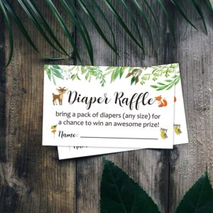 diaper raffle tickets woodland baby shower game invitations insert for boy girl, bring a pack of diapers to win favors, lottery insert card, green, 3.5" x 2", pack of 50