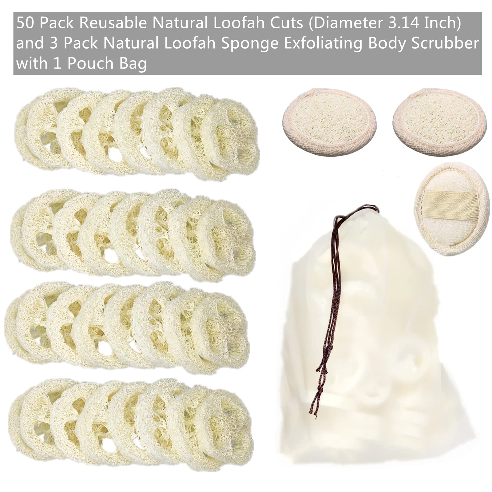 50Pcs Natural Loofah Slice of 3.15inch, Reusable Natural Loofah Cuts for Cleaner Sponge Scrubber, Facial Soap Holder and DIY Customize Soap Tools, with 3Pcs Exfoliating Loofah Pad and 1 Storage Bag