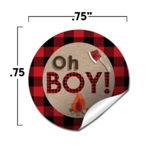 Oh Boy! Outdoorsy Red and Black Plaid Lumberjack Boy Baby Shower Kiss Sticker Labels, 300 0.75” Circle Sticker for Chocolate Kisses by Amanda Creation, Great for Favors, Treats, Envelopes & Goodie Bag