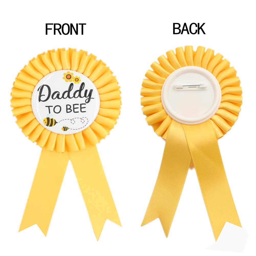 PATICARRY NEWHAPPYLAND Baby Shower Party Gender Reveal Yellow Sash for Mom to Bee & Dad to Bee Pin Tinplate Badge Button New Dad Party Gifts Welcome Baby Sash for Baby Shower Decorations