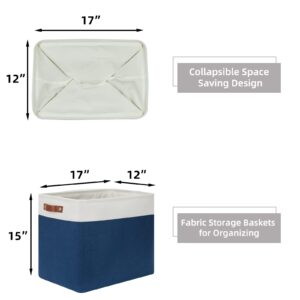 HNZIGE Storage Baskets for Organizing, Set of 2, Foldable Storage Bins Navy Blue Tall Baskets for Shelves, Canvas Collapsible Storage Bins with Handles for Storage Closet Linen(White Blue)