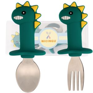 nicingu toddler utensils,baby spoons fork sets,kids silverware with silicone handle,dinosaur toddler spoons forks-blue