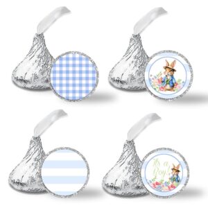 Little Rabbit Boy Baby Shower Kiss Sticker Labels, 300 Party Circle Stickers Sized 0.75 inches for Chocolate Drop Kisses by Amanda Creation, Great Labels, Treats, Envelope Seals & Goodie Bags