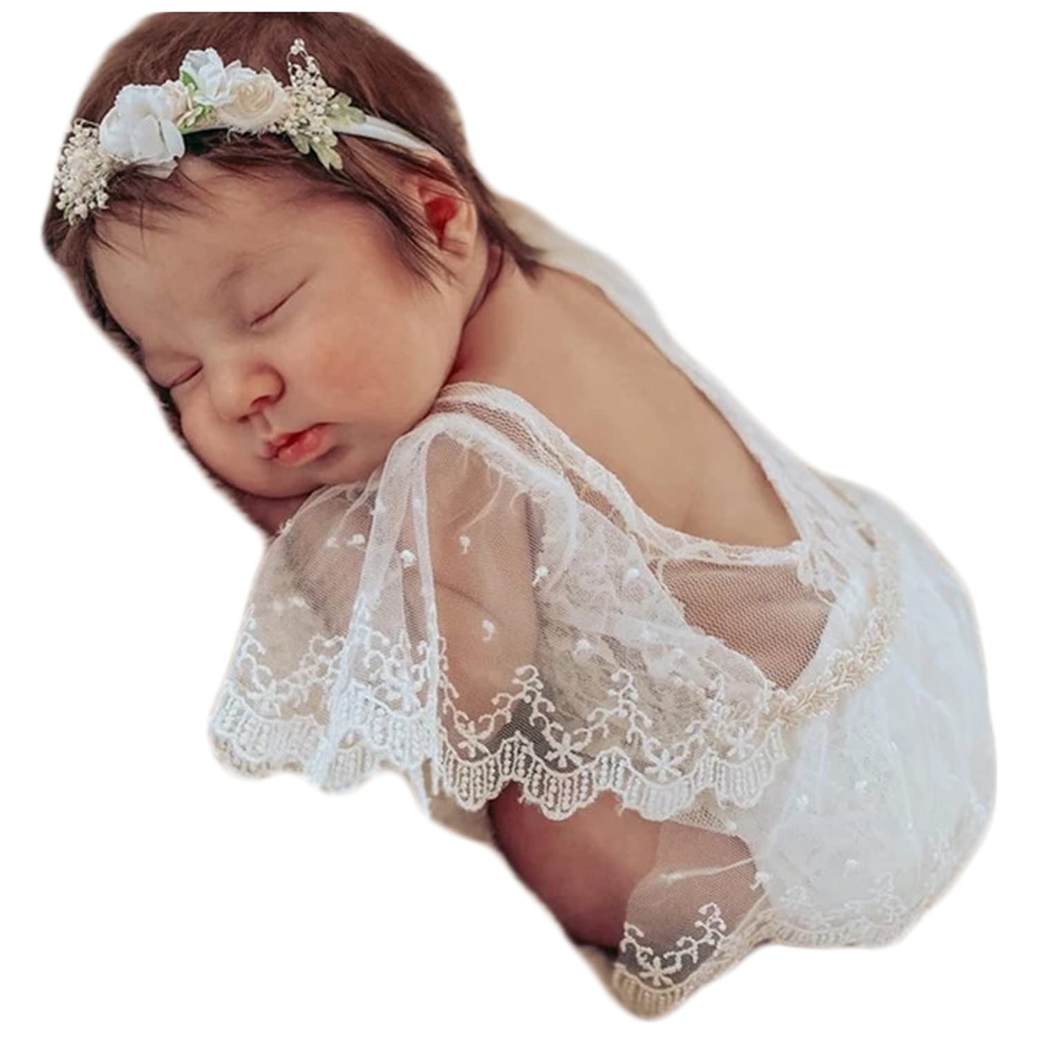 Zeroest Newborn Picture Outfit Infant Photography Lace Romper Newborn Photography Props Girl Outfits Baby Photoshoot Assecories (White 1#)